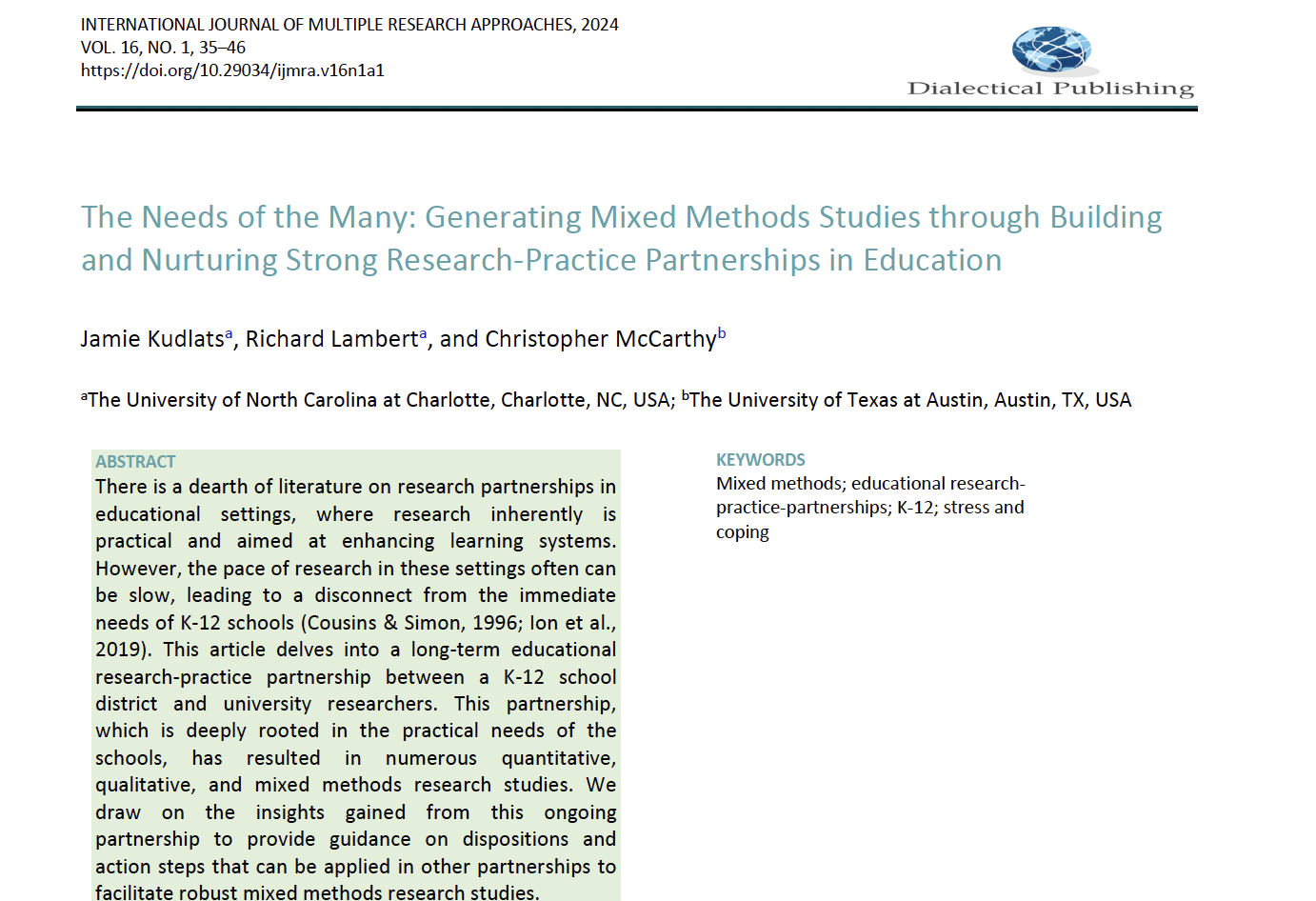 16(1). 03. The Needs of the Many: Generating Mixed Methods Studies ...